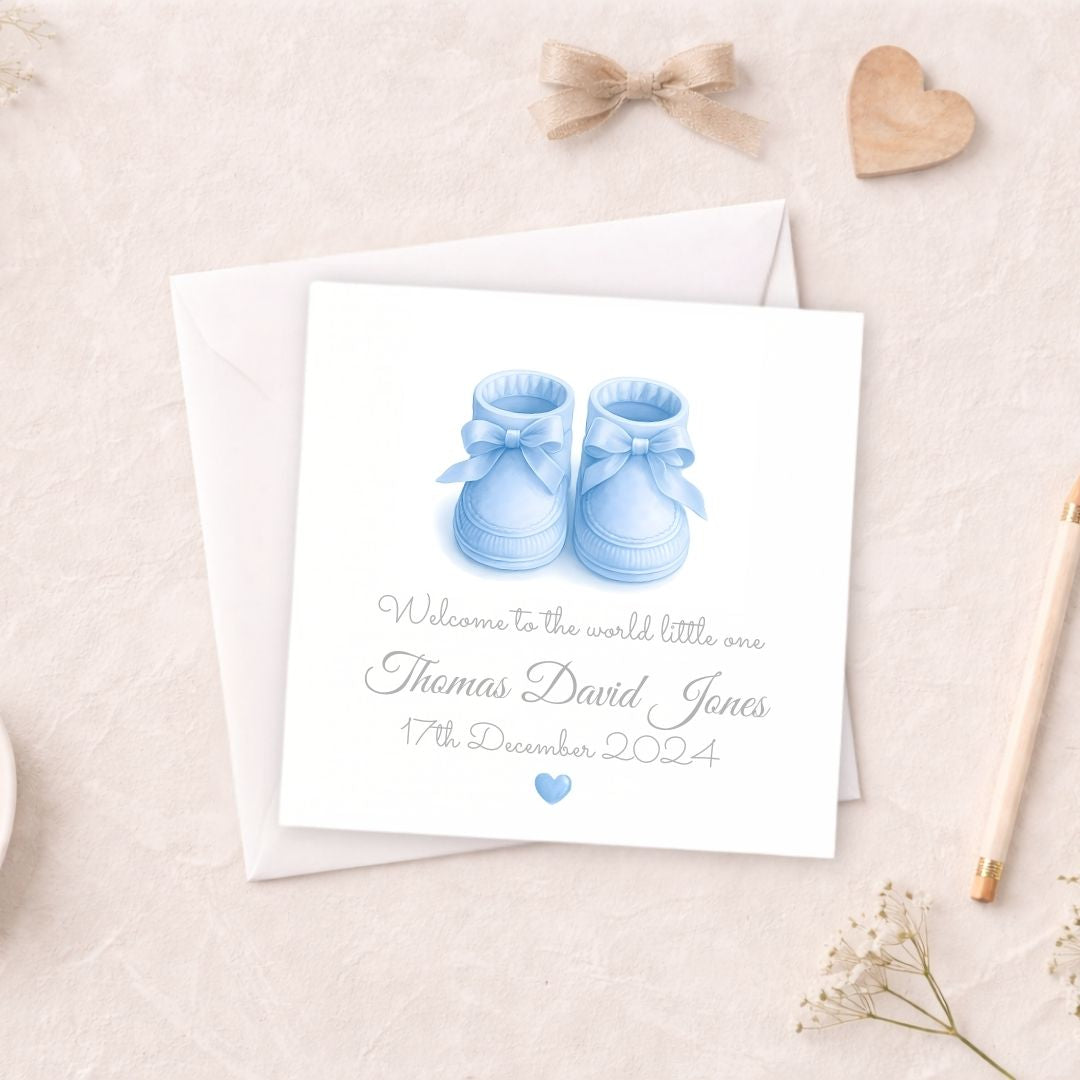 Personalised New Baby Boy Card | Blue Baby Shoes Keepsake – Rosewood Cards